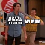 Gibby hitting Spencer with a stop sign Meme Generator - Imgflip