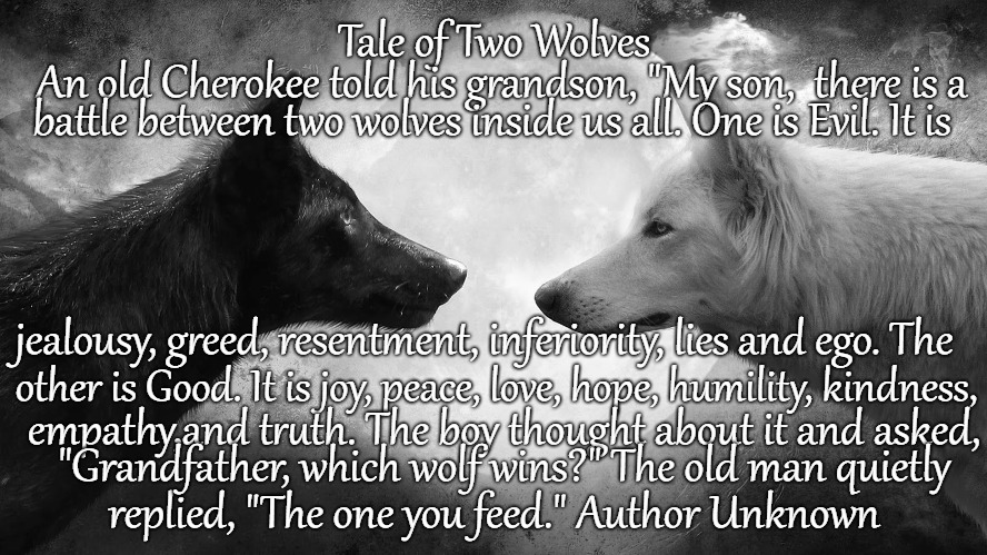 Tale Of Two Wolves As Told By A Cherokee There Are Two Wolves Inside Us 