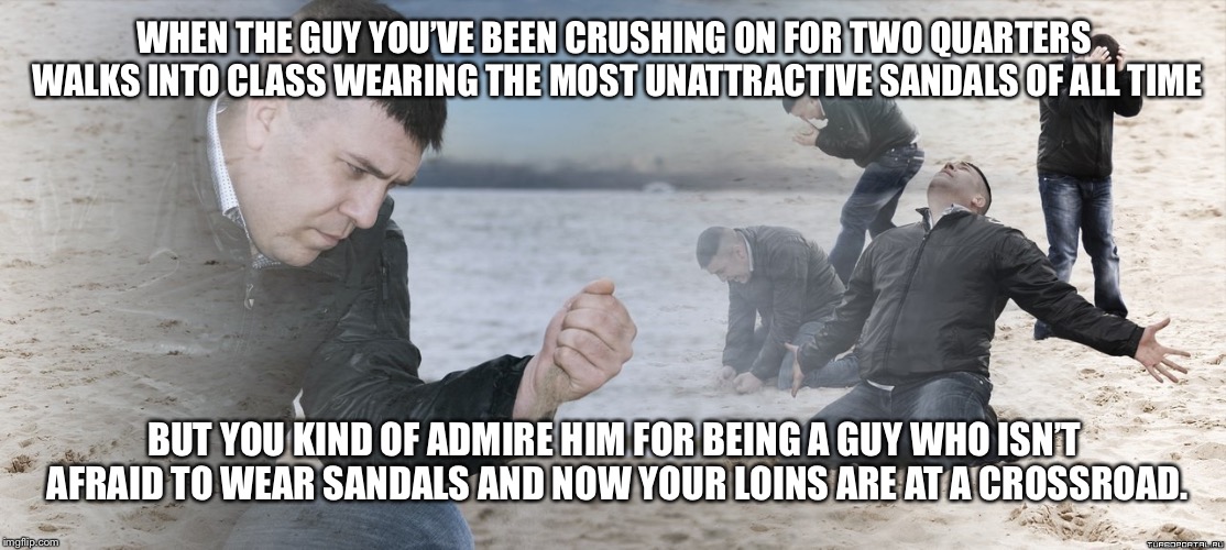 Guy with sand in the hands of despair - Imgflip