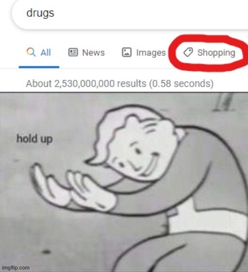 Image tagged in memes,fallout hold up,drugs,2 1/2 billion search ...