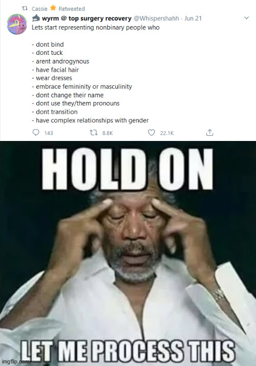 Image tagged in let me process,transgender,twitter,non binary,leftist,gender - Imgflip