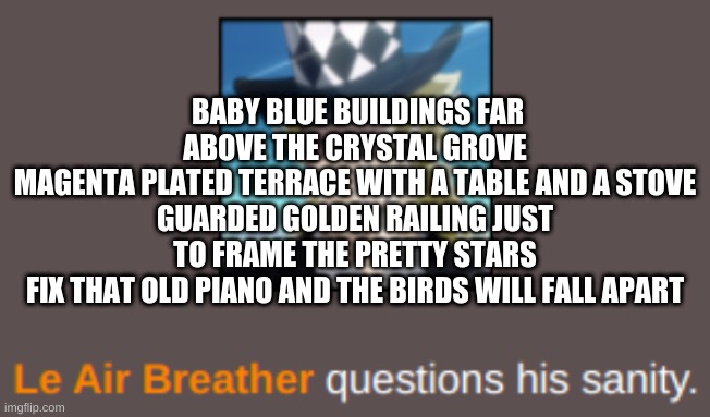 Baby blue buildings far above the crystal grove Magenta plated terrace ...