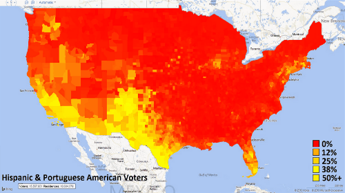 The same USA "Voter Ethnicity" map, presented as county data rather ...