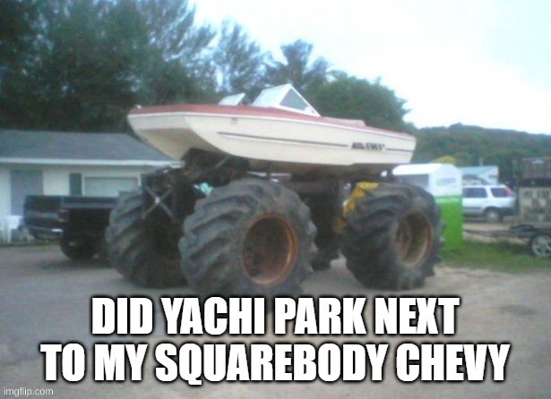 there's a solid black chevy to the starboard of the "monster truck boat ...