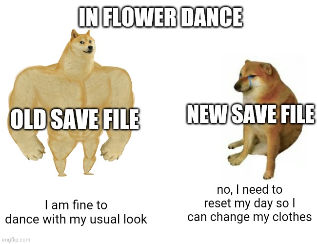 Buff Doge vs. Cheems in flower dance - Imgflip