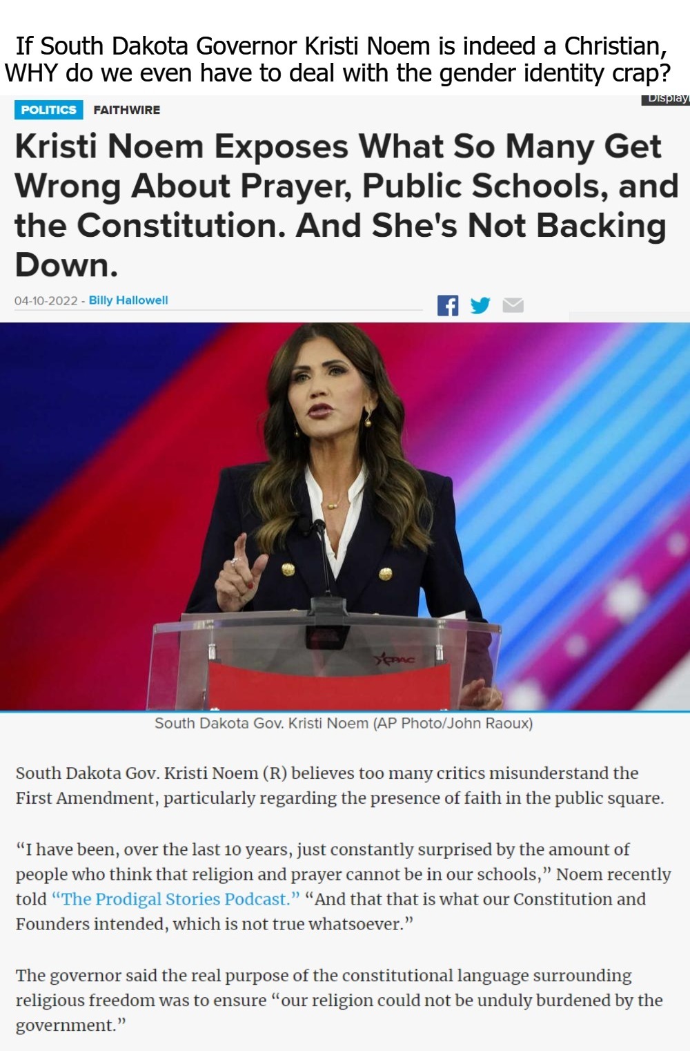 If South Dakota Governor Kristi Noem is indeed a Christian, WHY do we even have to deal with the ...