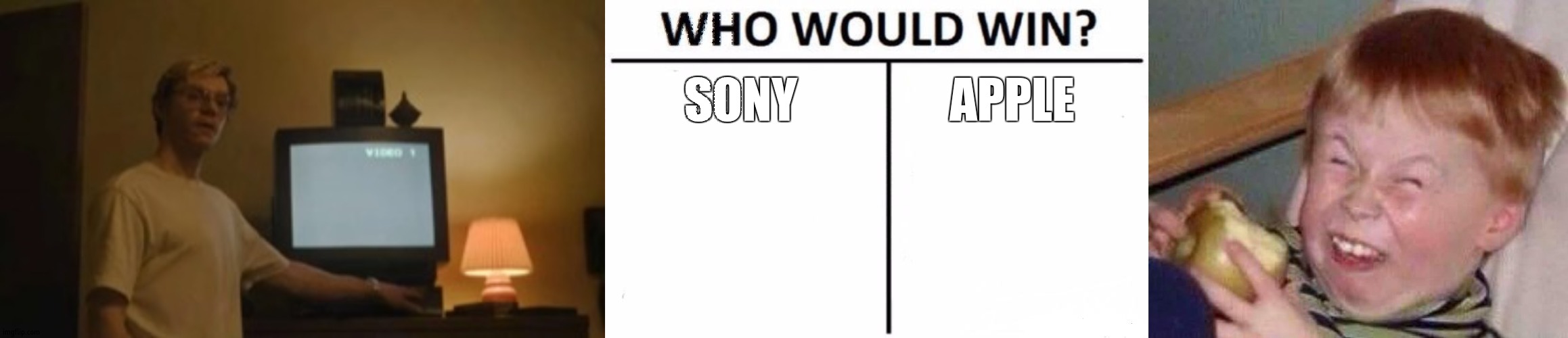 Image tagged in jeffrey dahmer tv,memes,who would win,apple eating kid ...