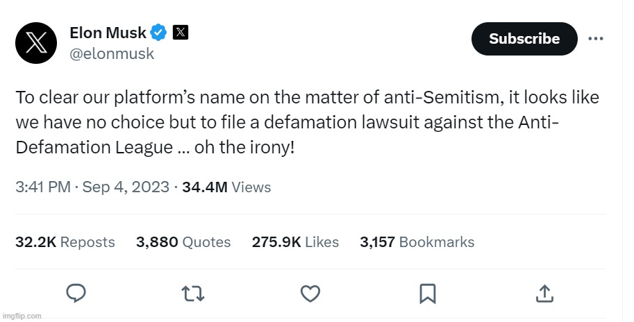 Elon Musk Threatens ADL With Defamation Lawsuit - Imgflip