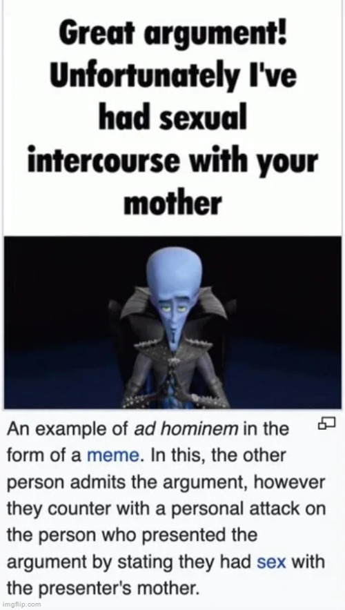 Sadly got removed from the Ad Hominem wikipedia page. which is bullshit ...