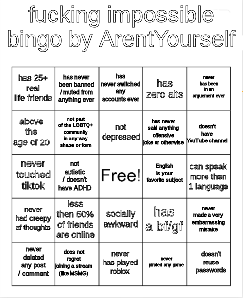 fucking impossible bingo Blank Template - Imgflip