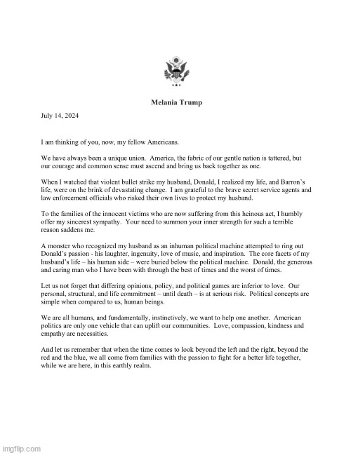 MELANIA’S LETTER TO THE AMERICAN PEOPLE – The Burning Platform