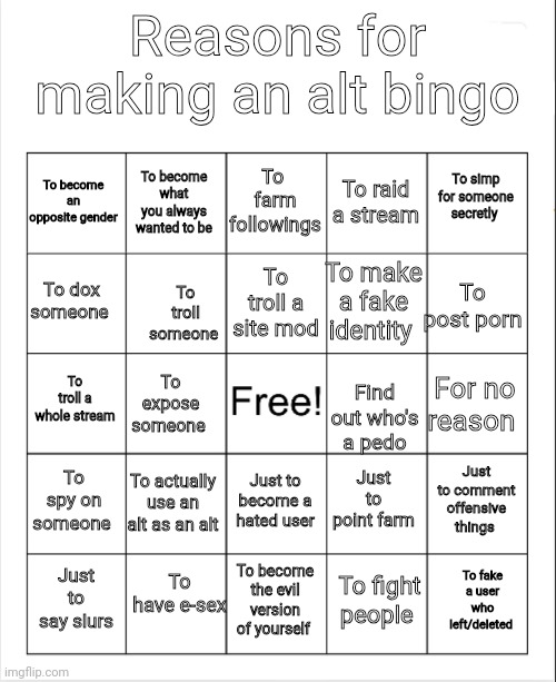 Reasons for making an alt bingo Blank Template - Imgflip