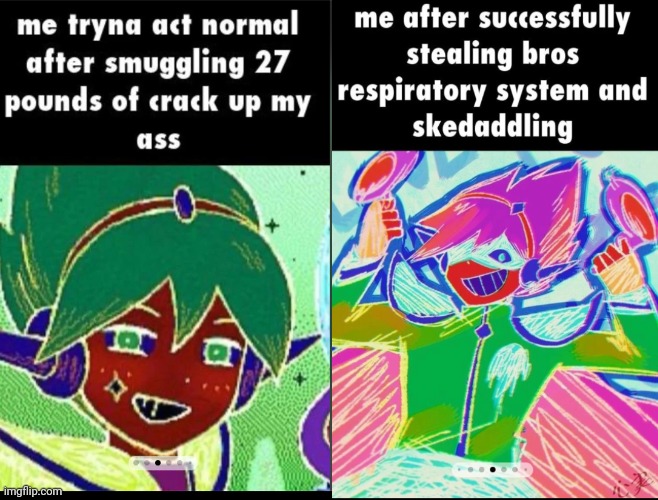 Image tagged in my tryna act normal,me after - Imgflip