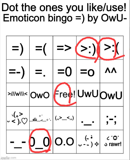 Dot the ones you like/use emoticons bingo by Owu - Imgflip