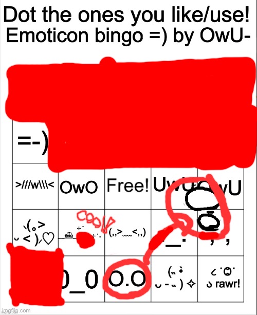Dot the ones you like/use emoticons bingo by Owu - Imgflip