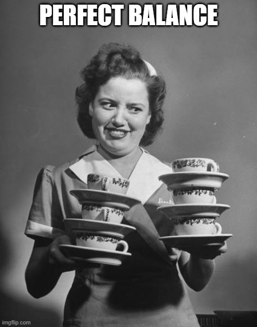 smiling waitress balancing coffee - Imgflip