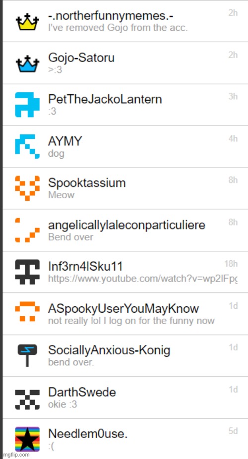 most recent memechats. ones over a week old were excluded. - Imgflip