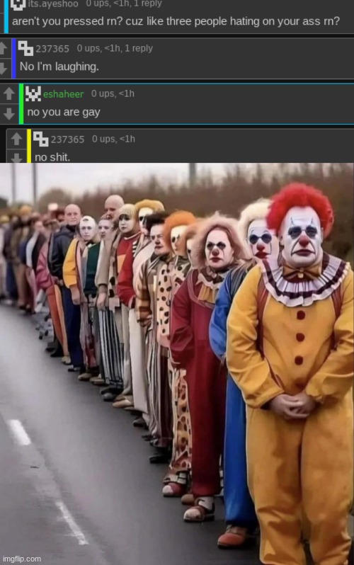 Image tagged in clowns lining up - Imgflip
