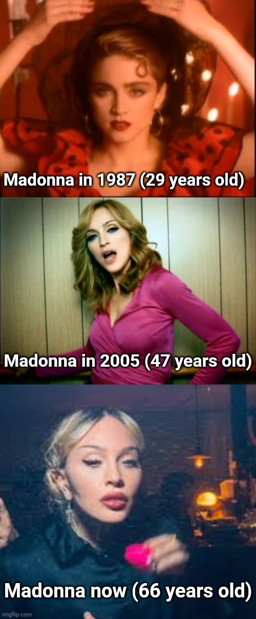 she ages weirdly, it's like she turns into someone else every 2 decades ...
