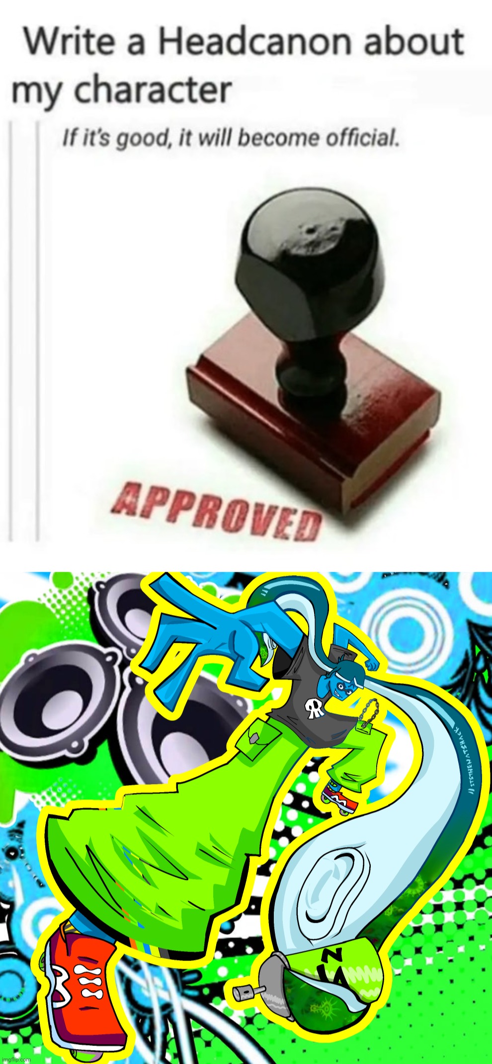 Image tagged in write a headcanon about my character,skatez squidzy ...