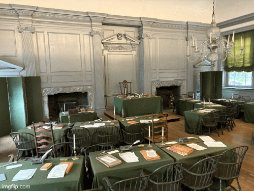 Liberty bell, presidential chair, and the menu from a good pizza place ...