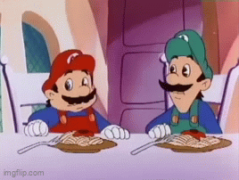 Mario and Luigi eating a plate of spaghetti - Imgflip