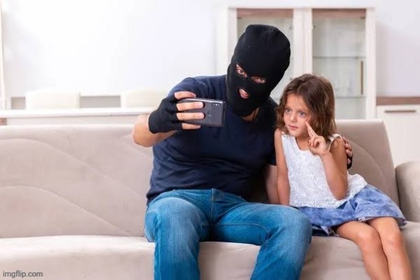 Robber with ski mask taking a selfie with little girl on a sofa - Imgflip