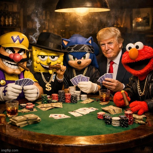 wario gambling with gangster spongebob, gangster sonic, donald trump ...